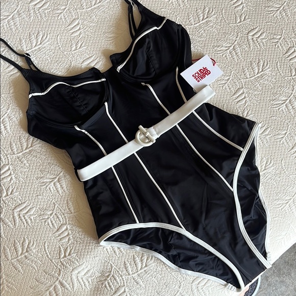 SOLID & STRIPED | Swim | Solid Striped Black White Seamed Belted ...